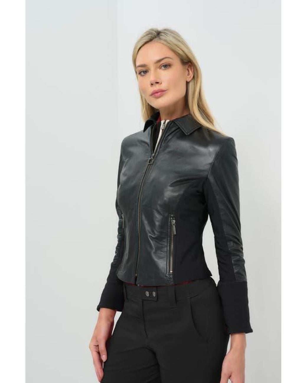 Anatomie Dill Leather Jacket With Fleece Lined Panels in Gray | Lyst