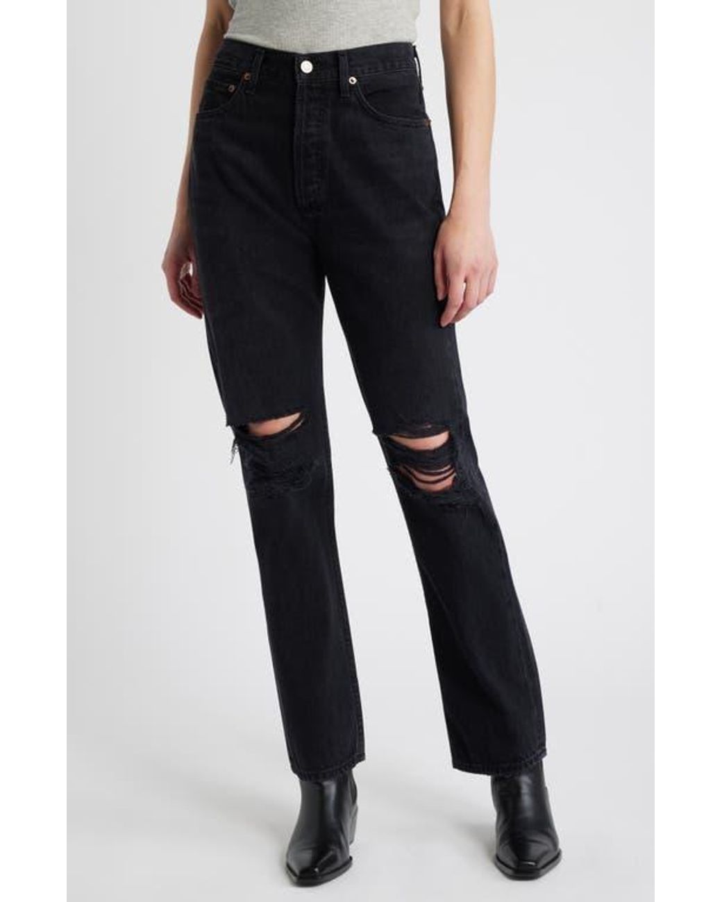 Agolde '90S Pinch Waist Ripped High Waist Straight Leg Jeans in Black ...