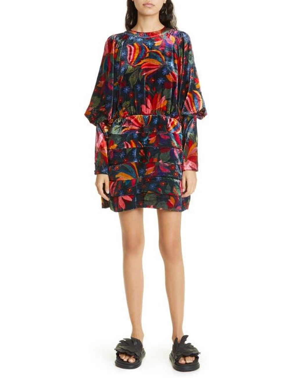 FARM Rio Banana Sky Long Sleeve Velvet Dress in Red | Lyst