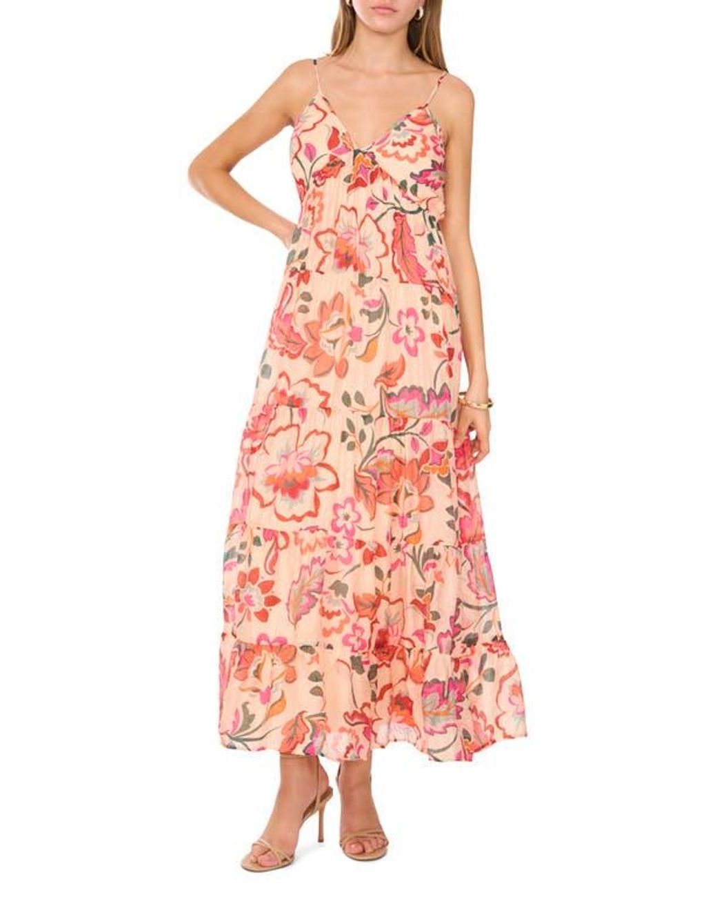 Halogen® Tiered Babydoll Midi Dress in Pink | Lyst
