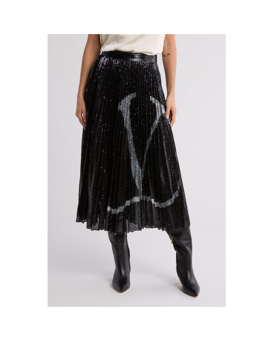 Valentino Rhinestone Pleated Skirt in Black | Lyst