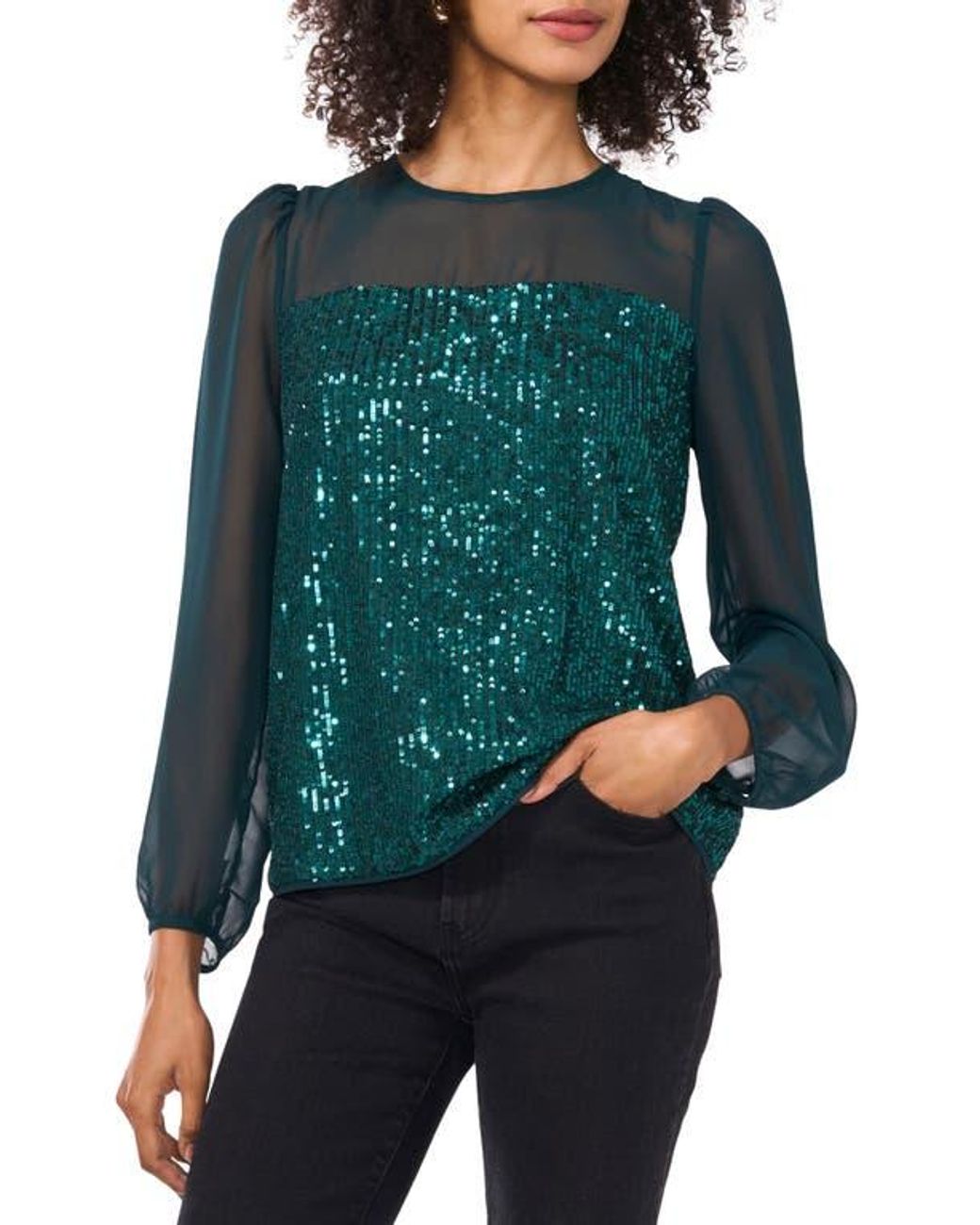 Vince Camuto Long Sleeve Sequin & Mesh Top in Green | Lyst