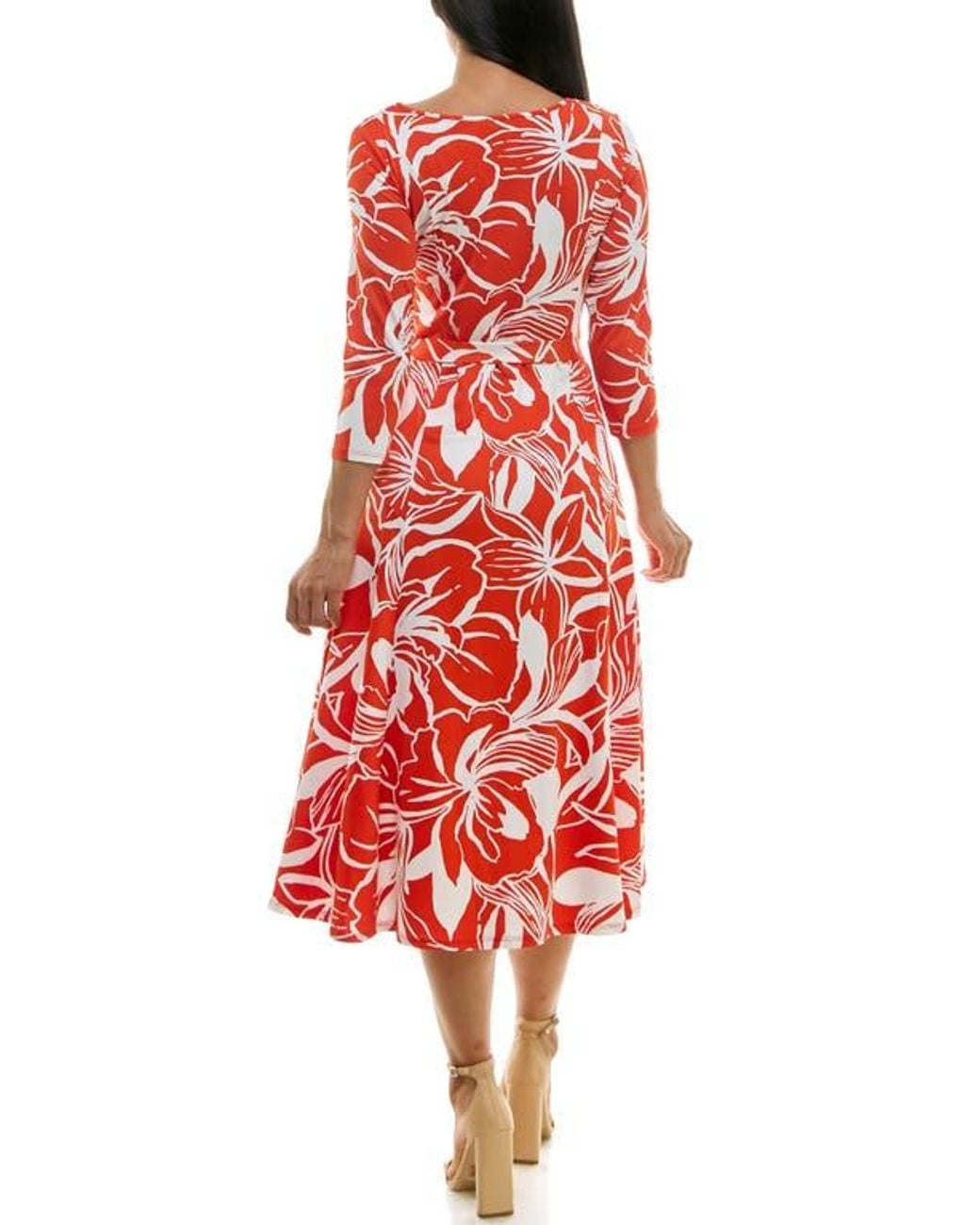 Nina Leonard Crewneck Three-Quarter Sleeve Midi Dress in Red | Lyst