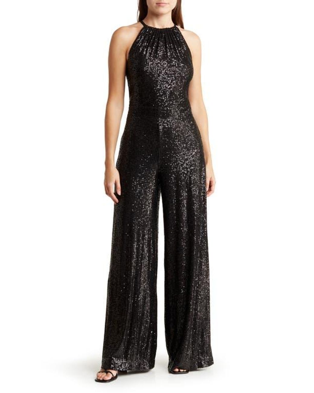 Max Studio Sequin Halter Wide Leg Jumpsuit in Black | Lyst