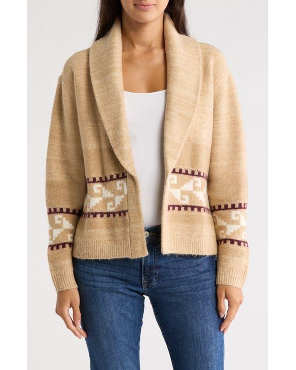 Lucky Brand Novelty Pattern Shawl Collar Cardigan in Natural | Lyst