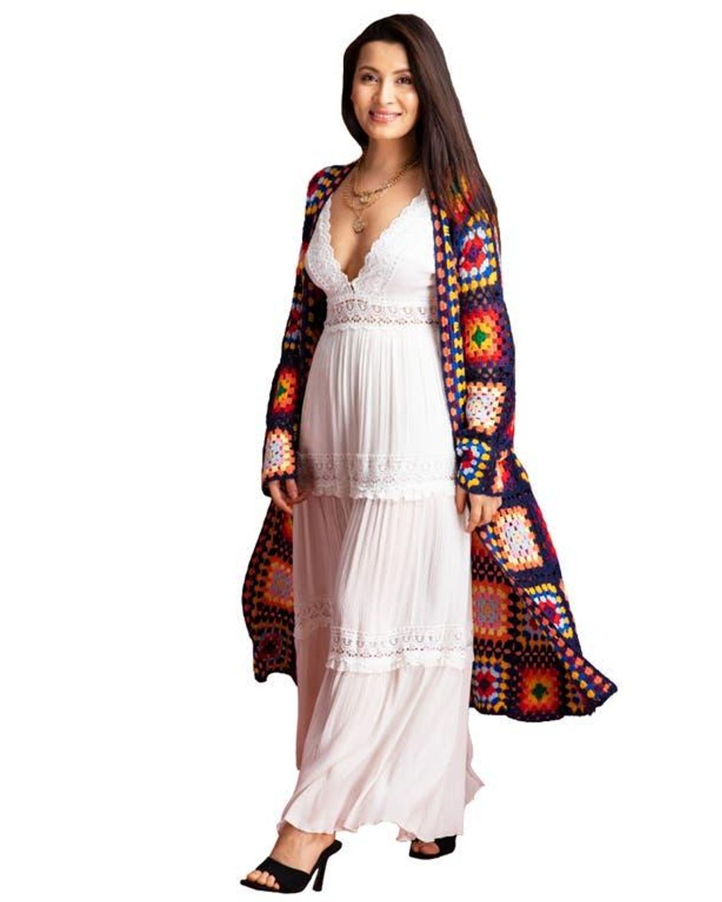 Saachi Granny Square Crochet Longline Cardigan in Red | Lyst