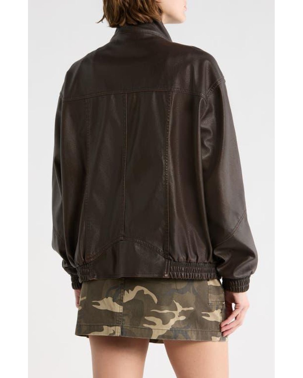 Vigoss Washed Faux Leather Dad Bomber Jacket in Brown | Lyst
