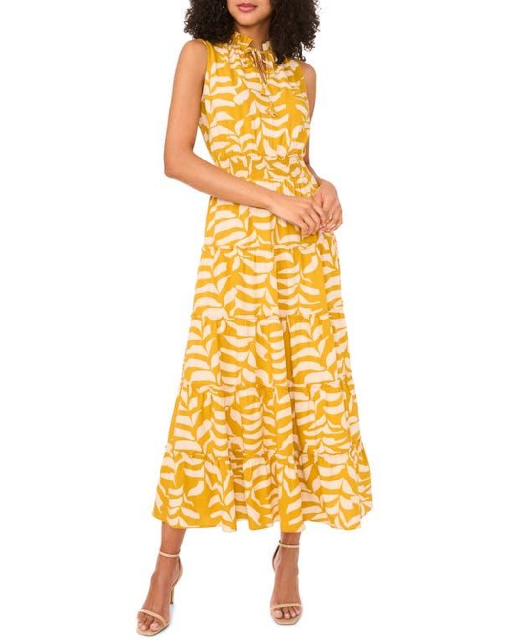 Halogen® Tie Keyhole Sleeveless Tiered Maxi Dress in Yellow | Lyst