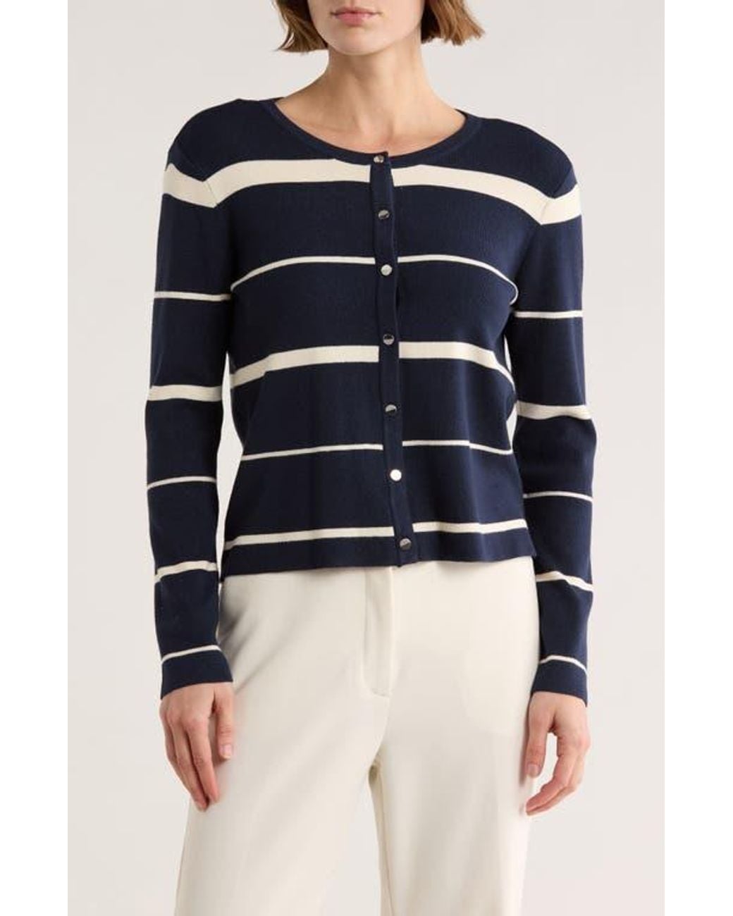 Tahari Variegated Stripe Crop Cardigan in Blue | Lyst