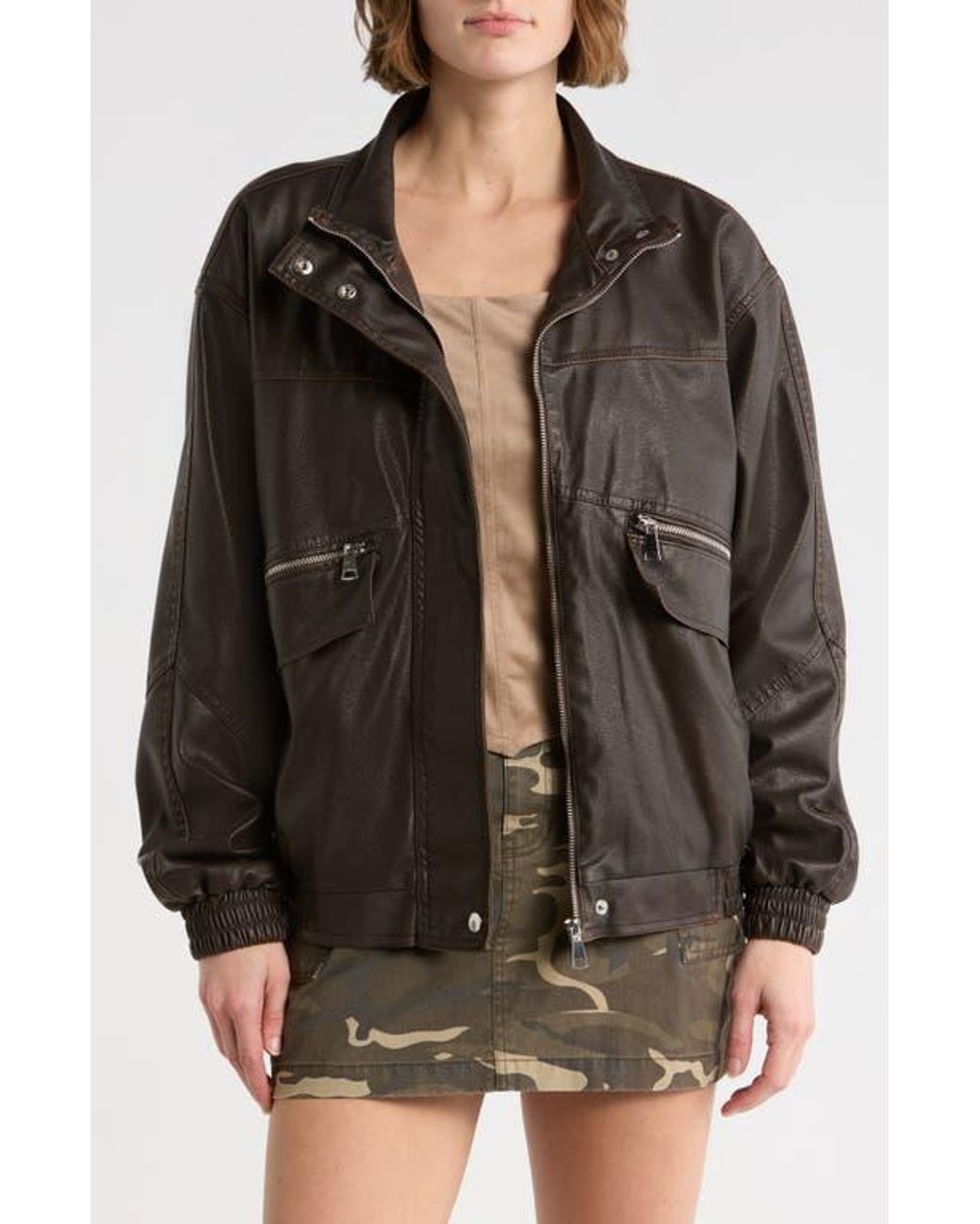 Vigoss Washed Faux Leather Dad Bomber Jacket in Brown | Lyst