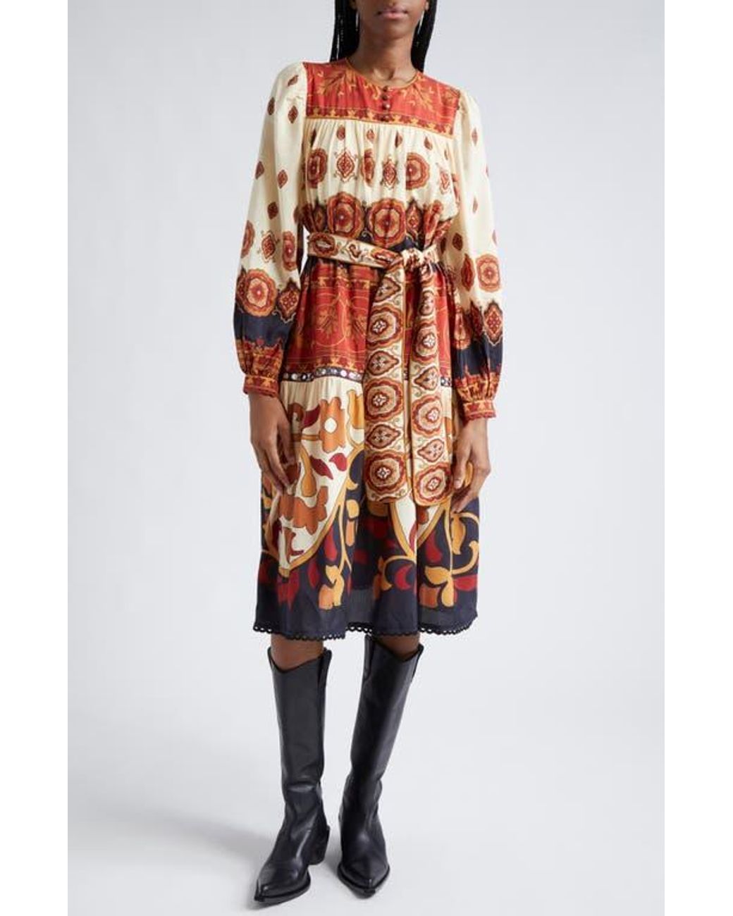 FARM Rio Ainika Tiles Tie Waist Long Sleeve Midi Dress in White | Lyst