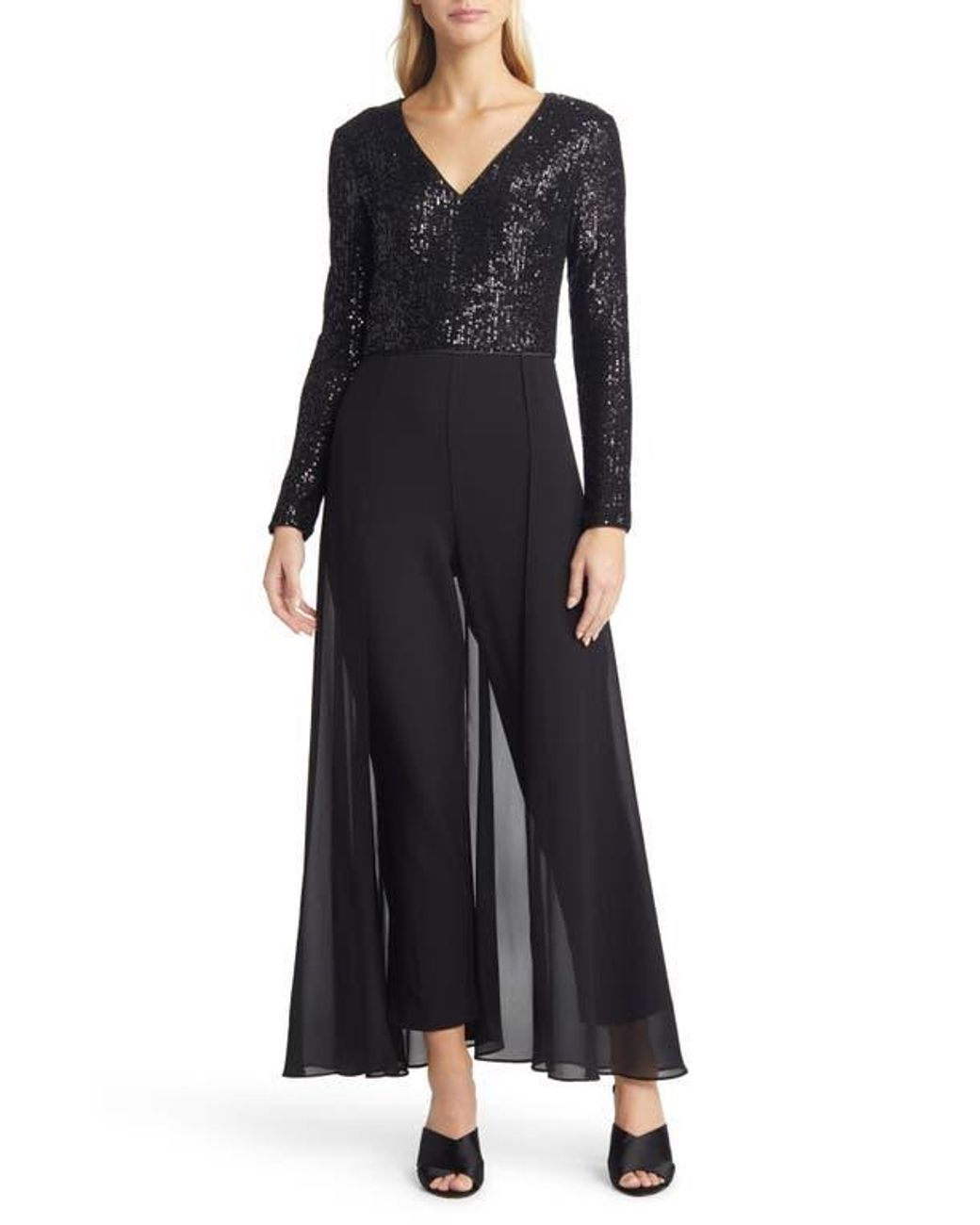 Eliza J Sequin Bodice Long Sleeve Overlay Jumpsuit in Black | Lyst