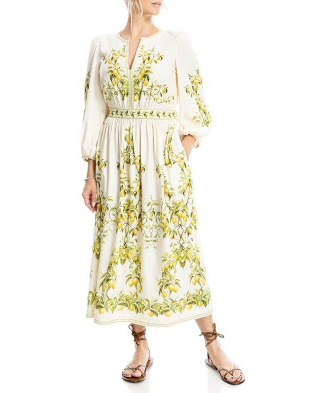 Max Studio Lemon Print Balloon Sleeve Maxi Dress in Metallic | Lyst