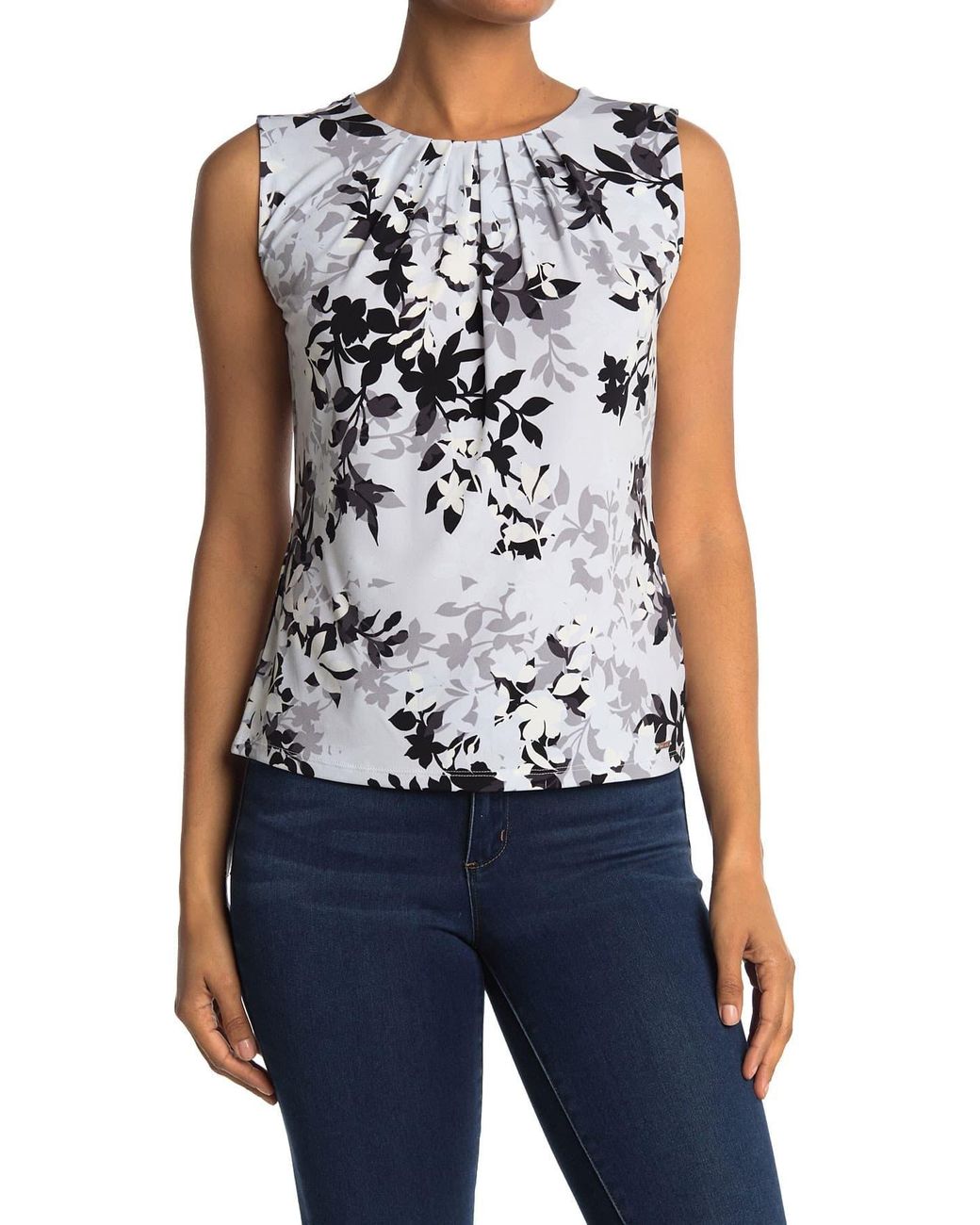Calvin Klein Synthetic Printed Pleated Neck Sleeveless Top In Blue Lyst