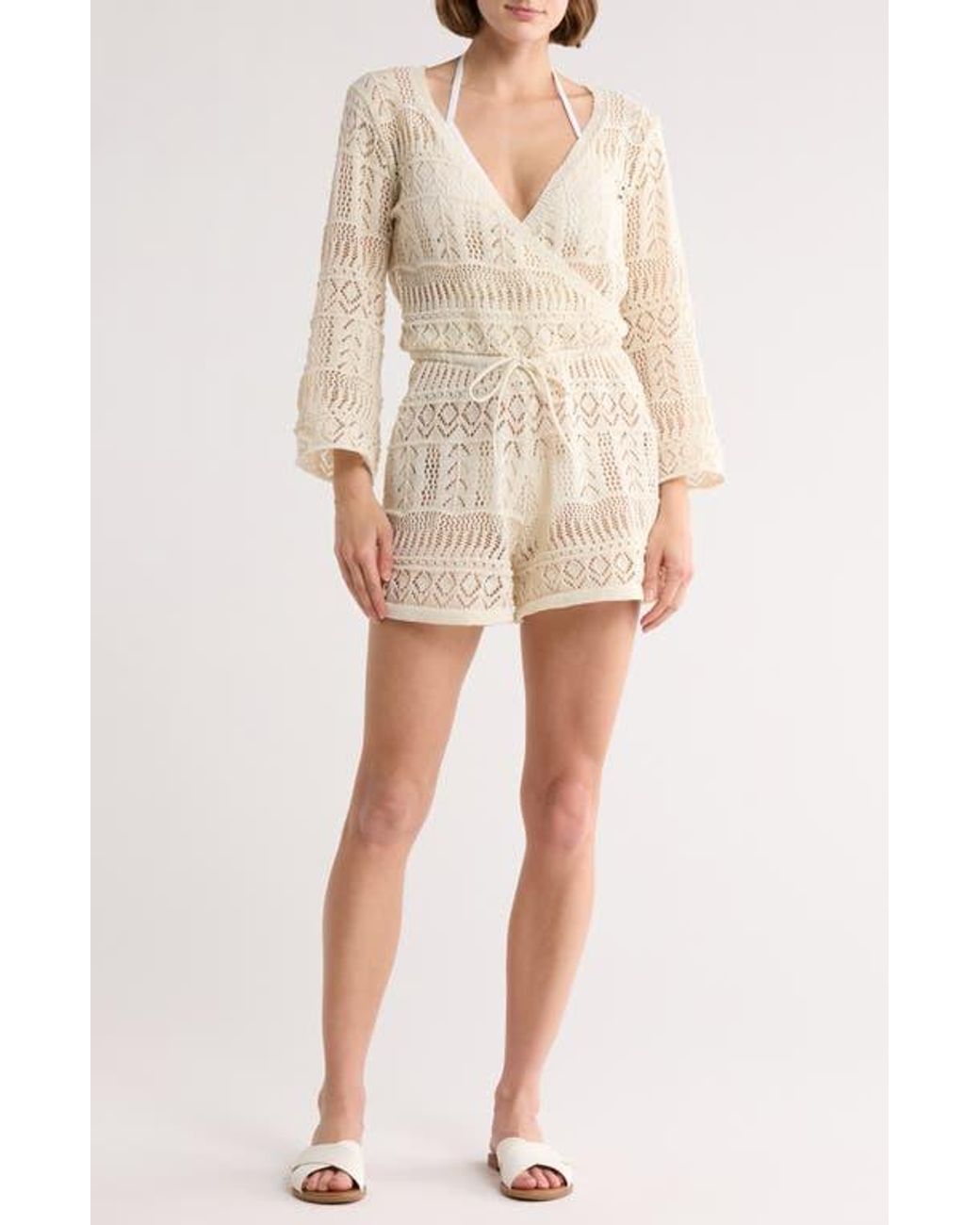 Elan Pointelle Knit Cover-Up Romper in Natural | Lyst