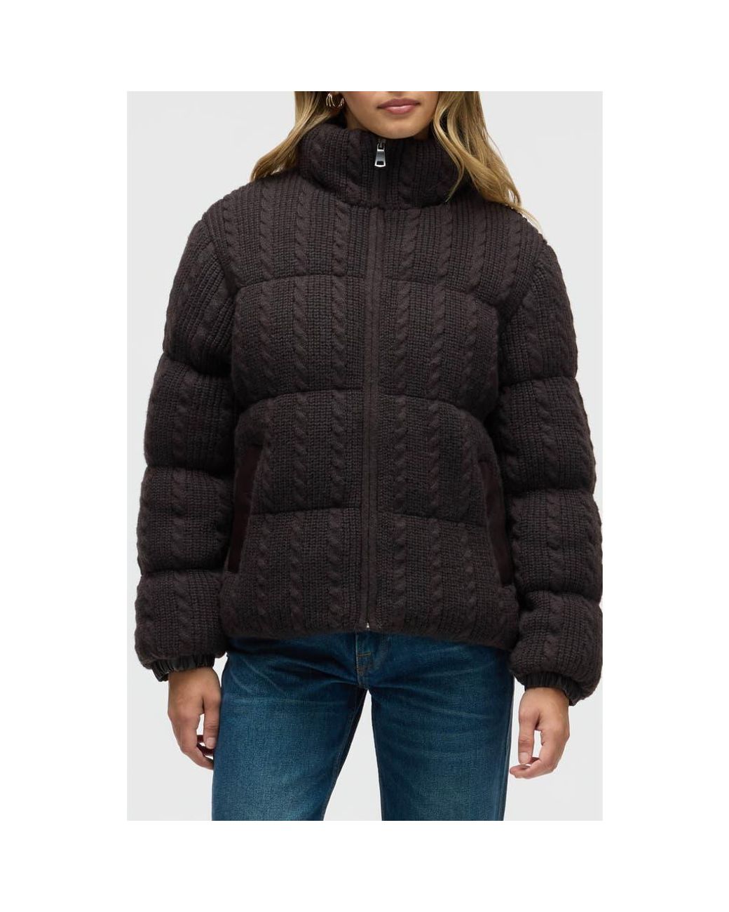 NVLT Cable Stitch Channel Quilted Puffer Jacket in Black | Lyst