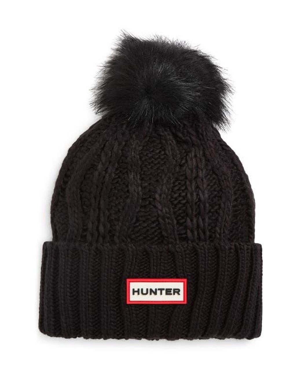 HUNTER Logo Cable Knit Faux Fur Pompom Fleece Lined Beanie in Black | Lyst