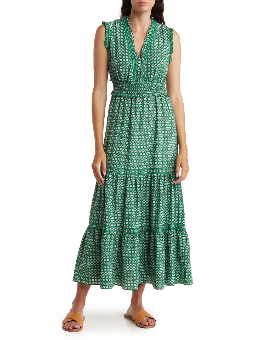 Max Studio Sleeveless Smocked Floral Print Tiered Maxi Dress In Green