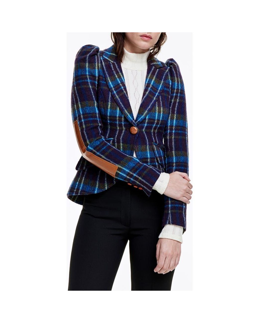 Smythe Plaid Leather Elbow Patch Wool Blazer in Blue | Lyst