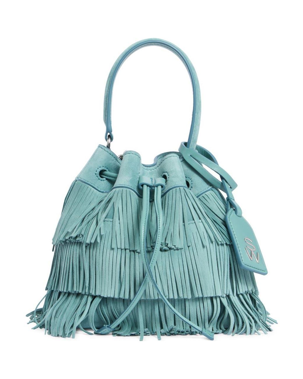 Stuart Weitzman Mini Rae Fringe Bucket Bag in Blue | Lyst