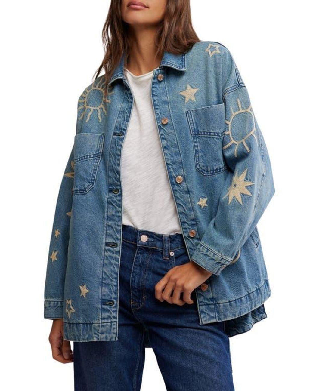 Free People Madison Embroidered Denim City Jacket in Blue | Lyst