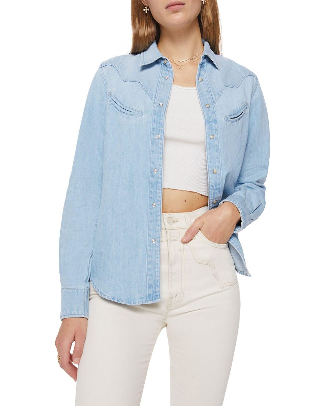 Mother The Ex Rodeo Cotton & Linen Snap-up Western Shirt in Blue | Lyst