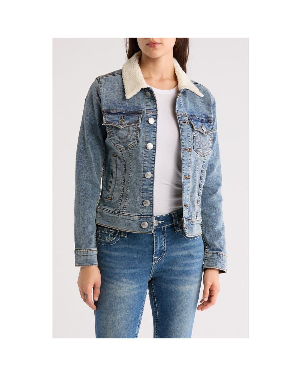 True Religion Faux Shearling Trim Trucker Jacket in Blue | Lyst