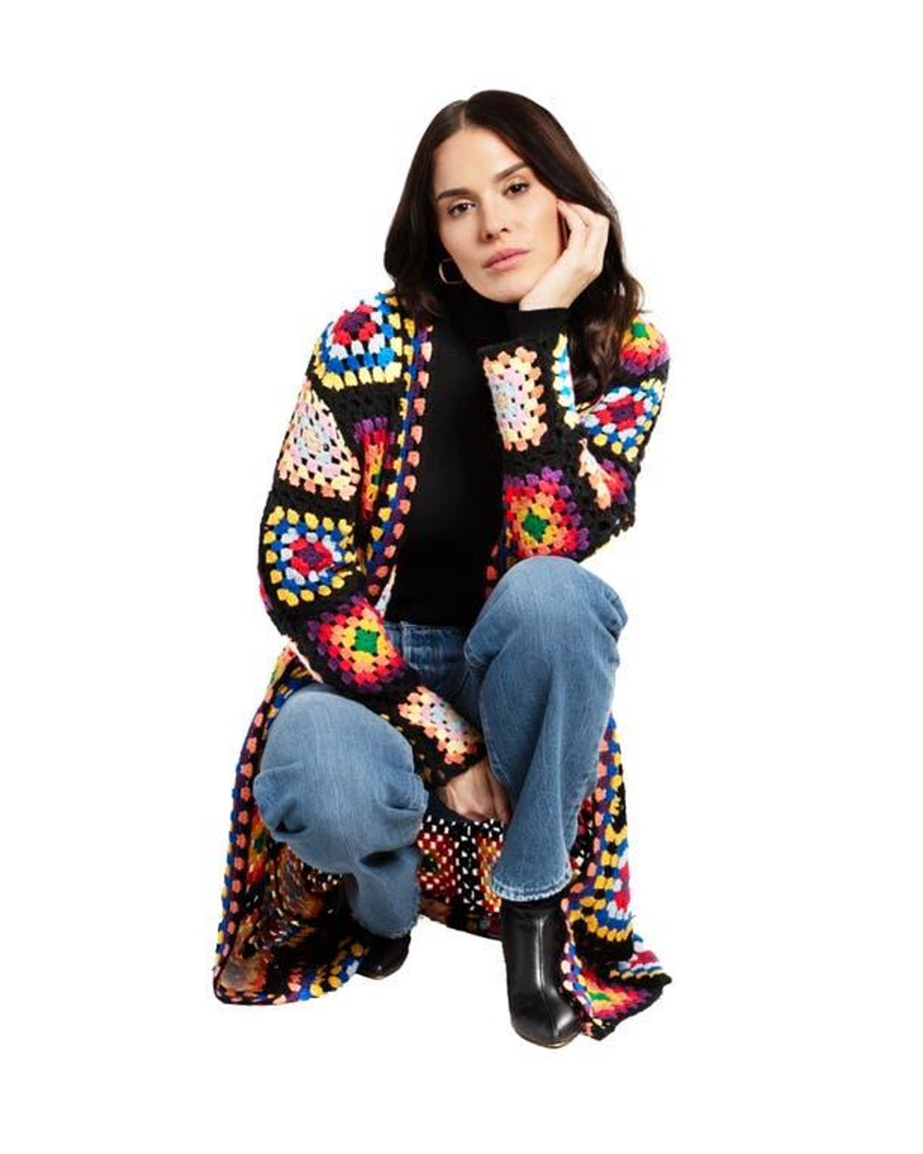 Saachi Granny Square Crochet Longline Cardigan in Black | Lyst