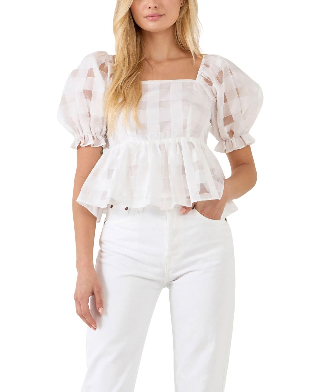 English Factory Check Puff Sleeve Organza Peplum Blouse In White Lyst