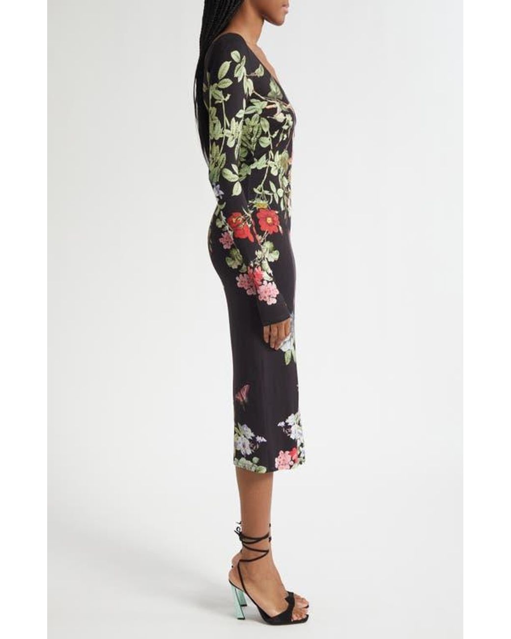 Alice + Olivia Delora Floral Print Long Sleeve Body-Con Dress in Black ...