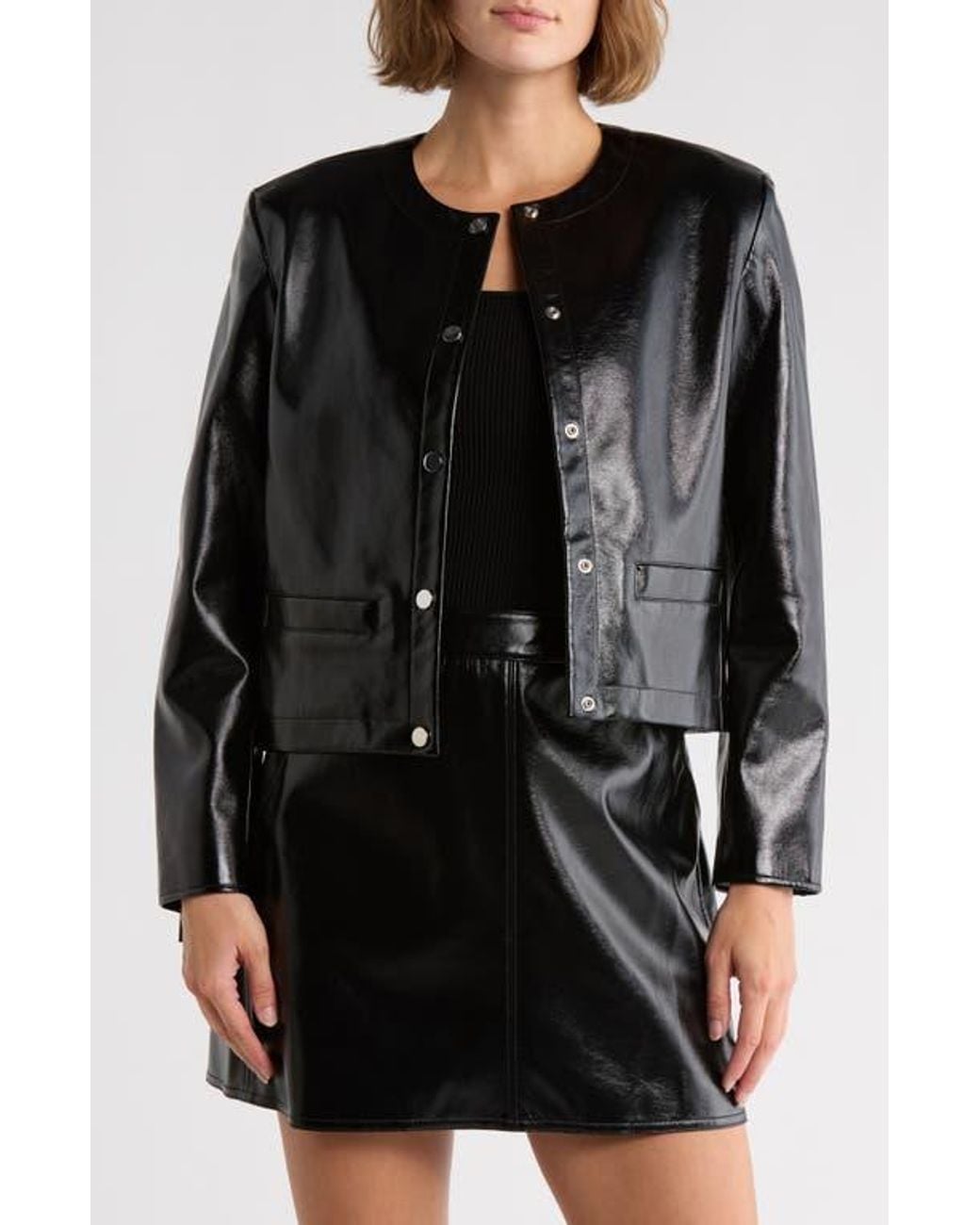 Theory Crop Faux Leather Jacket in Black | Lyst