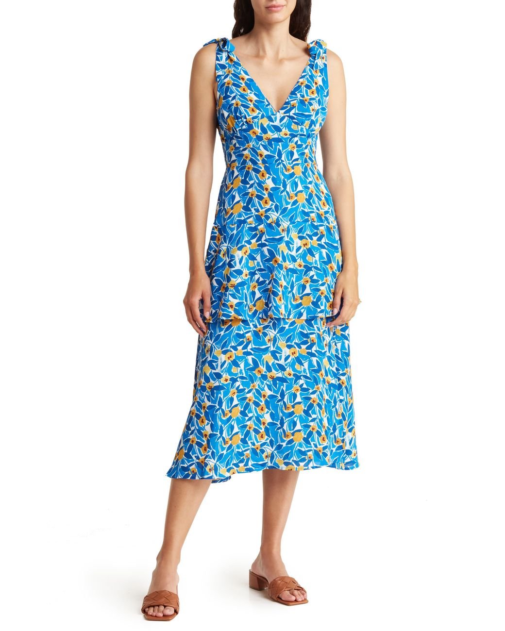 Lush Floral Tie Strap Tiered Midi Dress in Blue | Lyst Lush Floral Tie Strap Tiered Midi Dress in Blue | Lyst