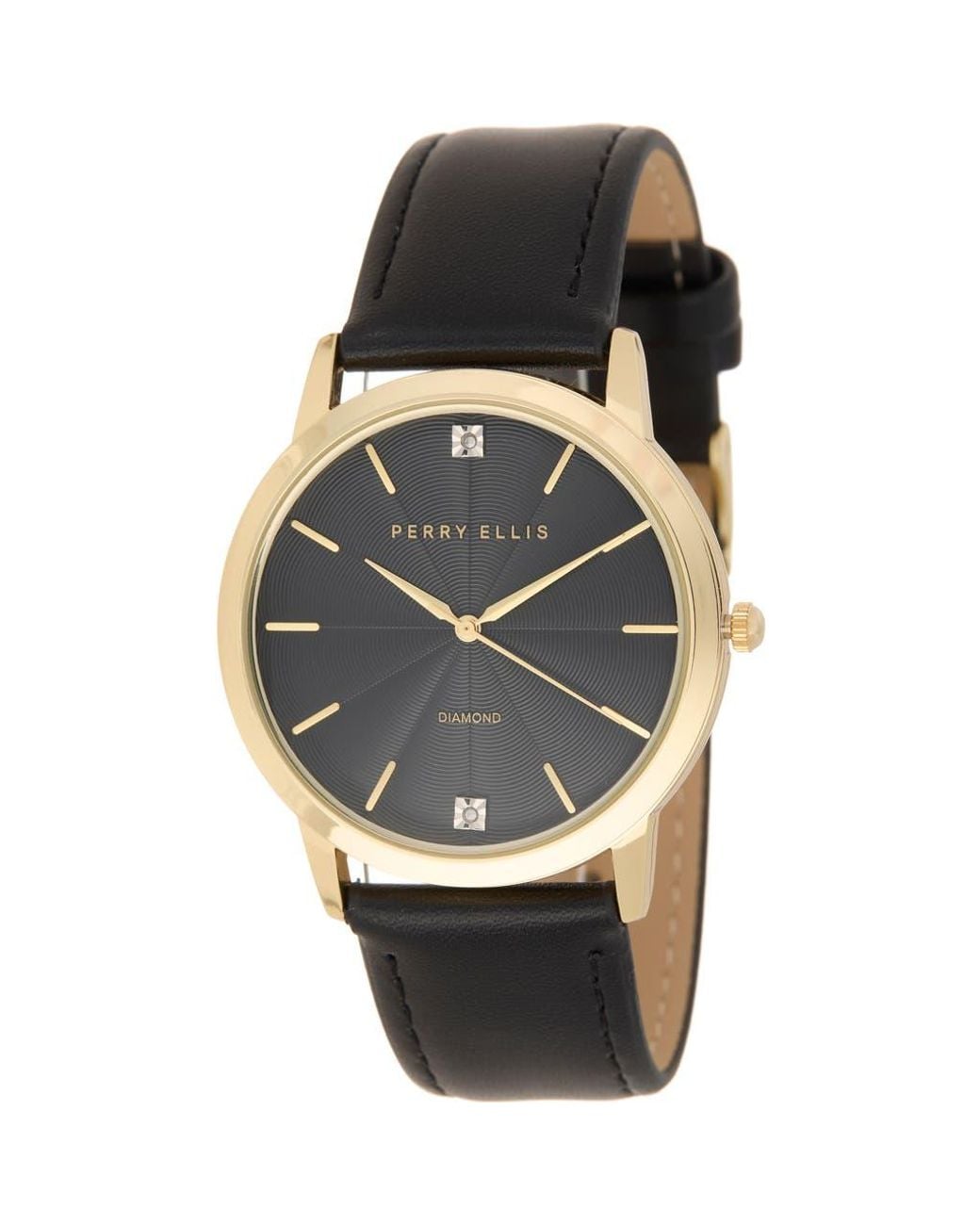 Perry Ellis Diamond Ultra Thin Faux Leather Strap Watch 40mm In Black