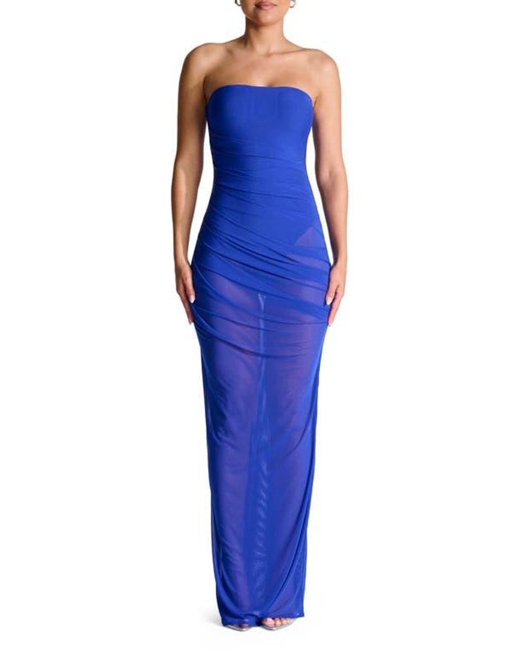 Naked Wardrobe Strapless Shirred Sheer Mesh Body-Con Dress in Blue | Lyst