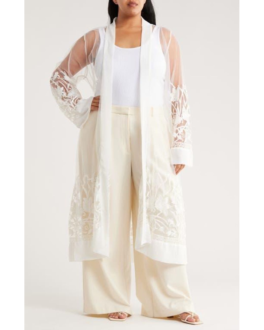 Forgotten Grace Embroidered Long Sleeve Mesh Duster in White | Lyst