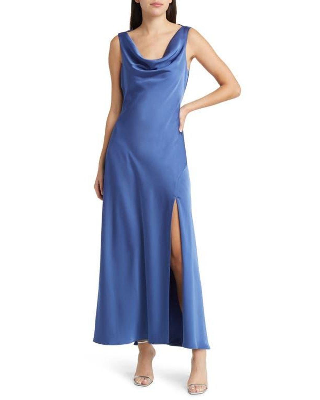 Mila + Mate Cowl Neck Satin Midi Dress in Blue | Lyst