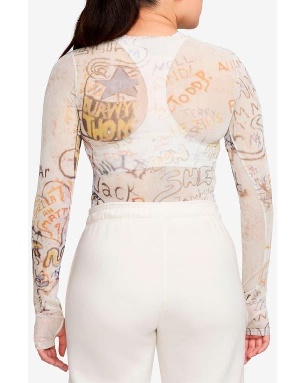 Nike Print Sheer Long Sleeve Top in White | Lyst
