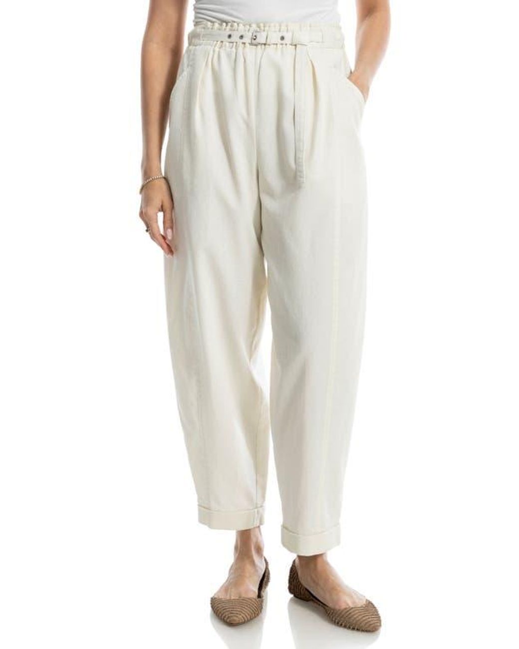 Max Studio Belted Pique Barrel Leg Pants in Natural | Lyst