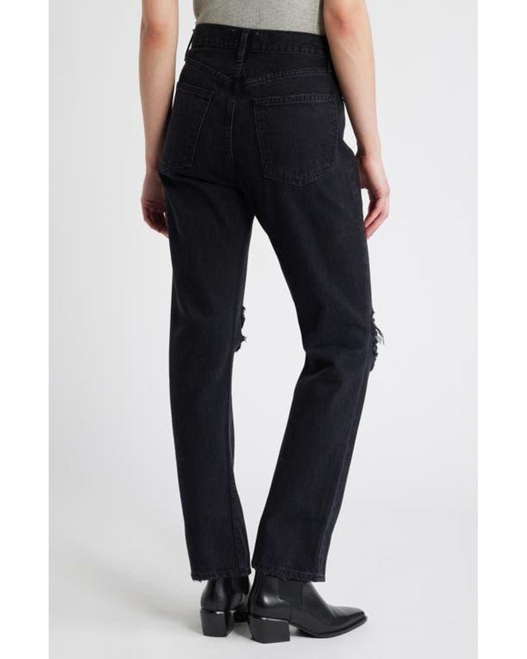 Agolde '90S Pinch Waist Ripped High Waist Straight Leg Jeans in Black ...