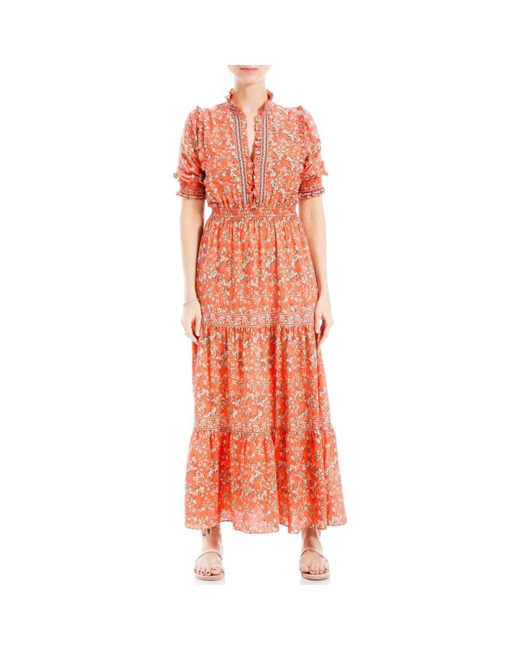 Max Studio Ruffle Collar Print Tiered Maxi Dress in Orange | Lyst