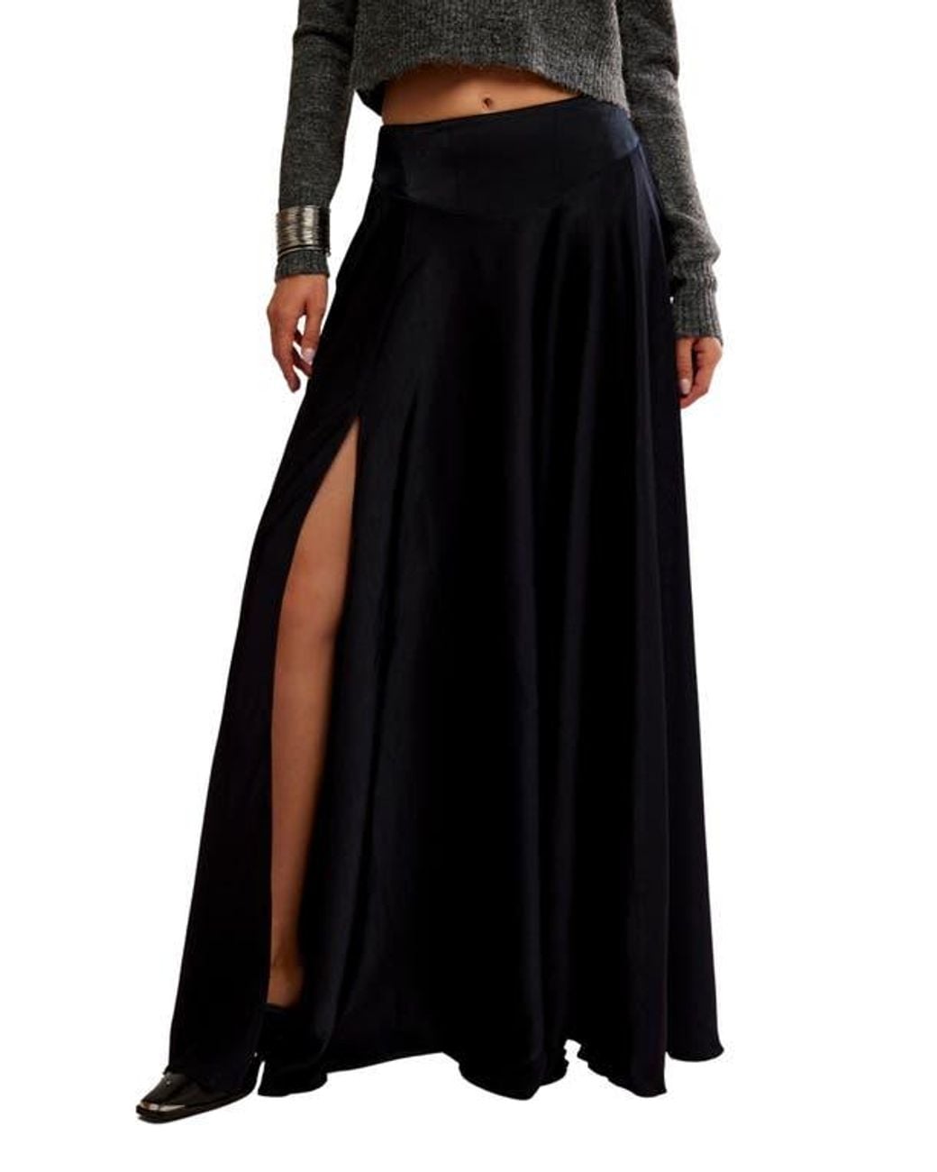 Free People Chilco Side Slit Satin Maxi Skirt in Black | Lyst