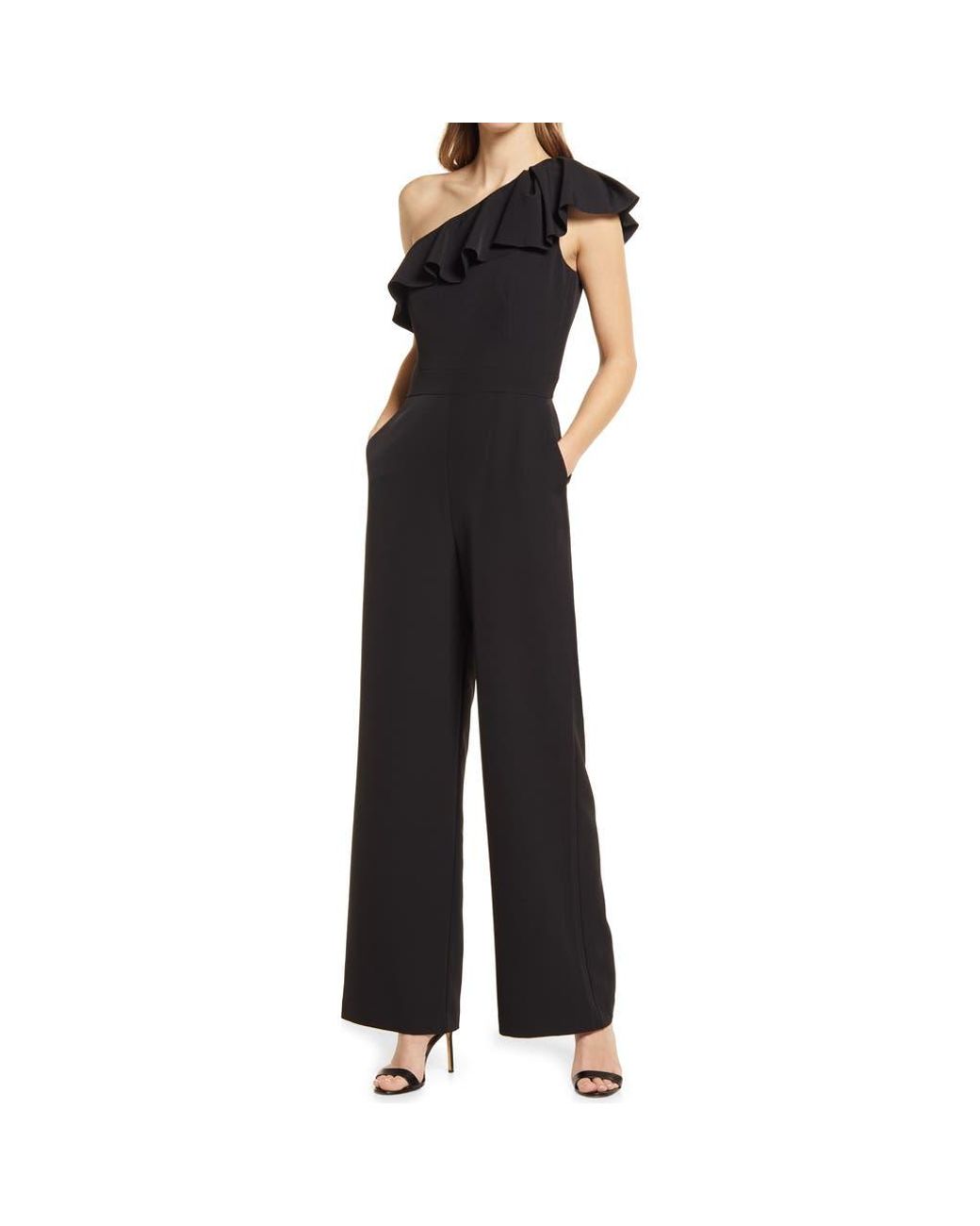 Eliza J Ruffle One-Shoulder Jumpsuit in Black | Lyst