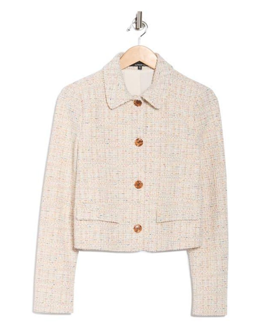 Amanda + Chelsea Front Button Bouclé Jacket in Natural | Lyst