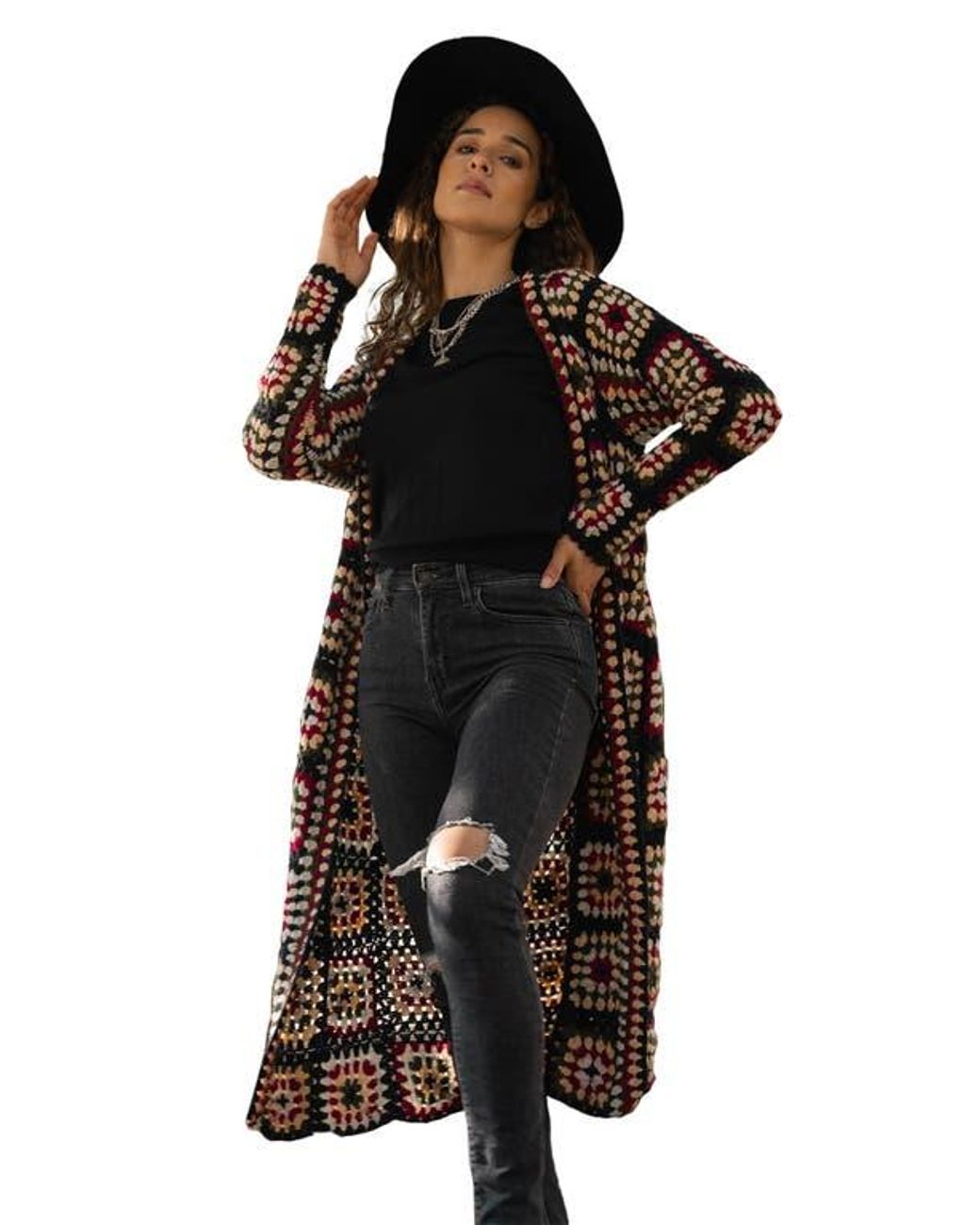 Saachi Granny Square Crochet Longline Cardigan in Black | Lyst