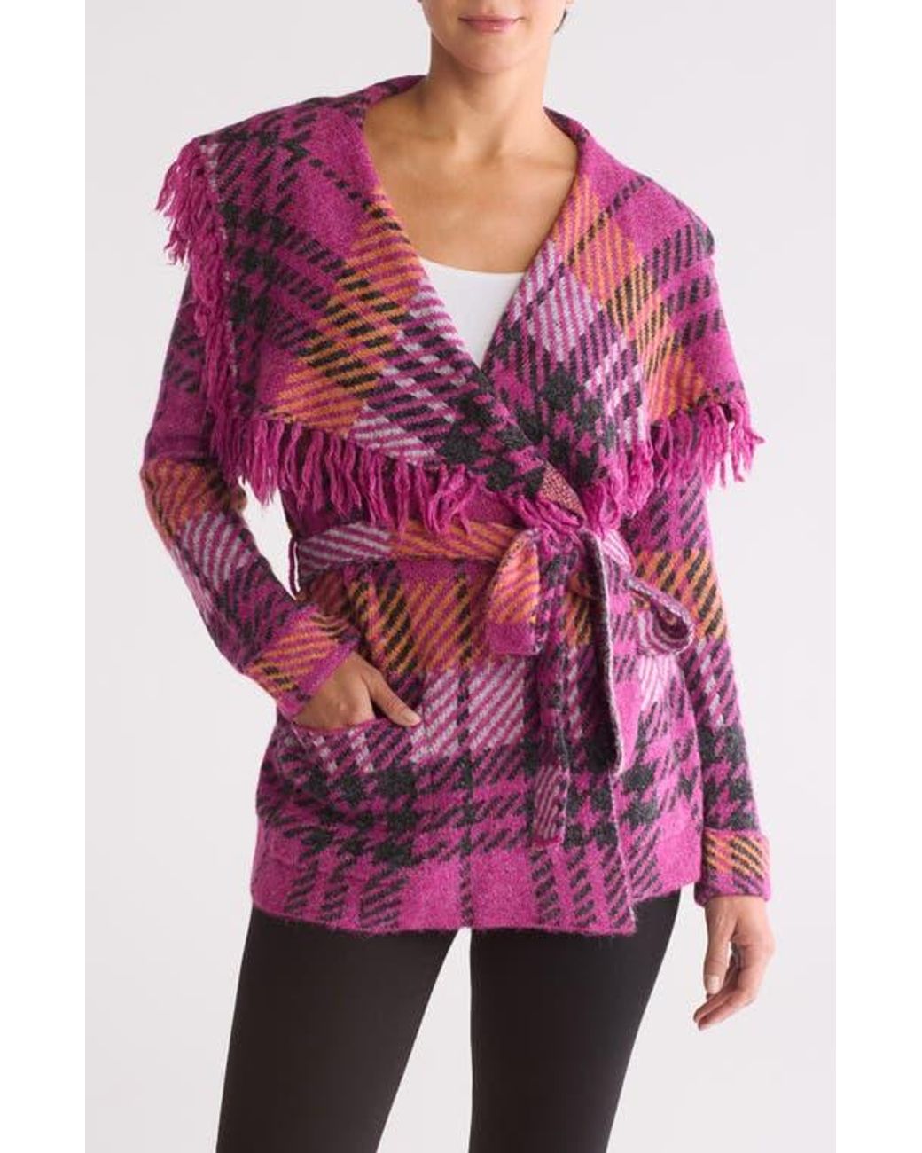 Joseph A Fringe Plaid Cardigan Coat in Red | Lyst