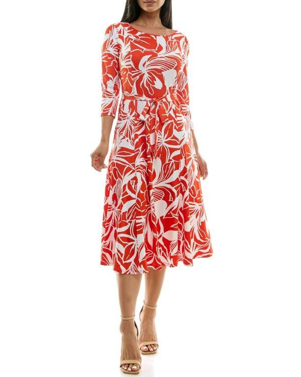 Nina Leonard Crewneck Three-Quarter Sleeve Midi Dress in Red | Lyst