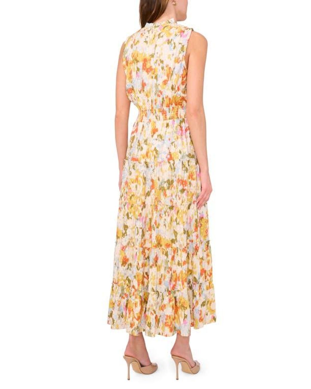 Halogen® Smocked Waist Tiered Maxi Dress in Metallic | Lyst