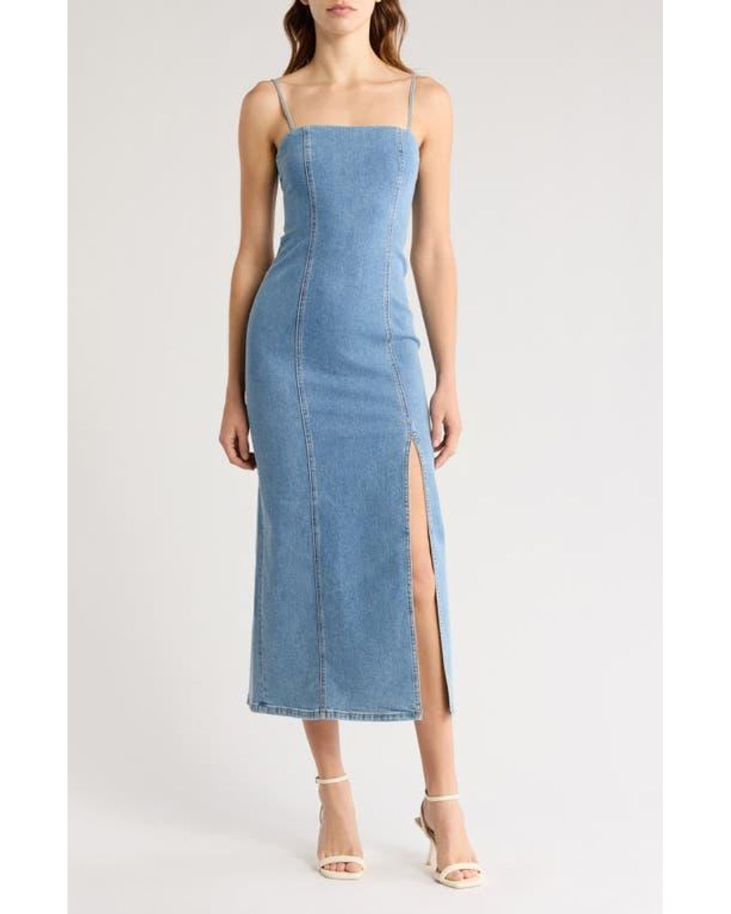 Alice + Olivia Nakisha Front Slit Denim Midi Dress in Blue | Lyst