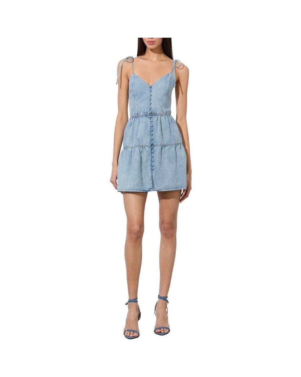 Alice + Olivia Shanti Button Front Tiered Denim Minidress in Blue | Lyst