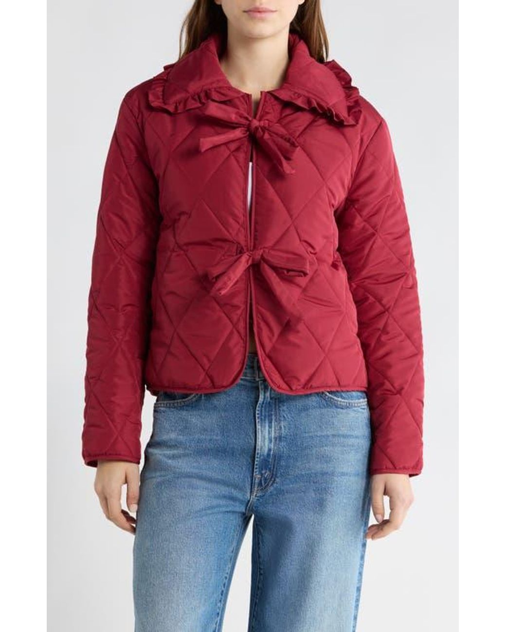 Vigoss Quilted Tie Front Jacket in Red | Lyst